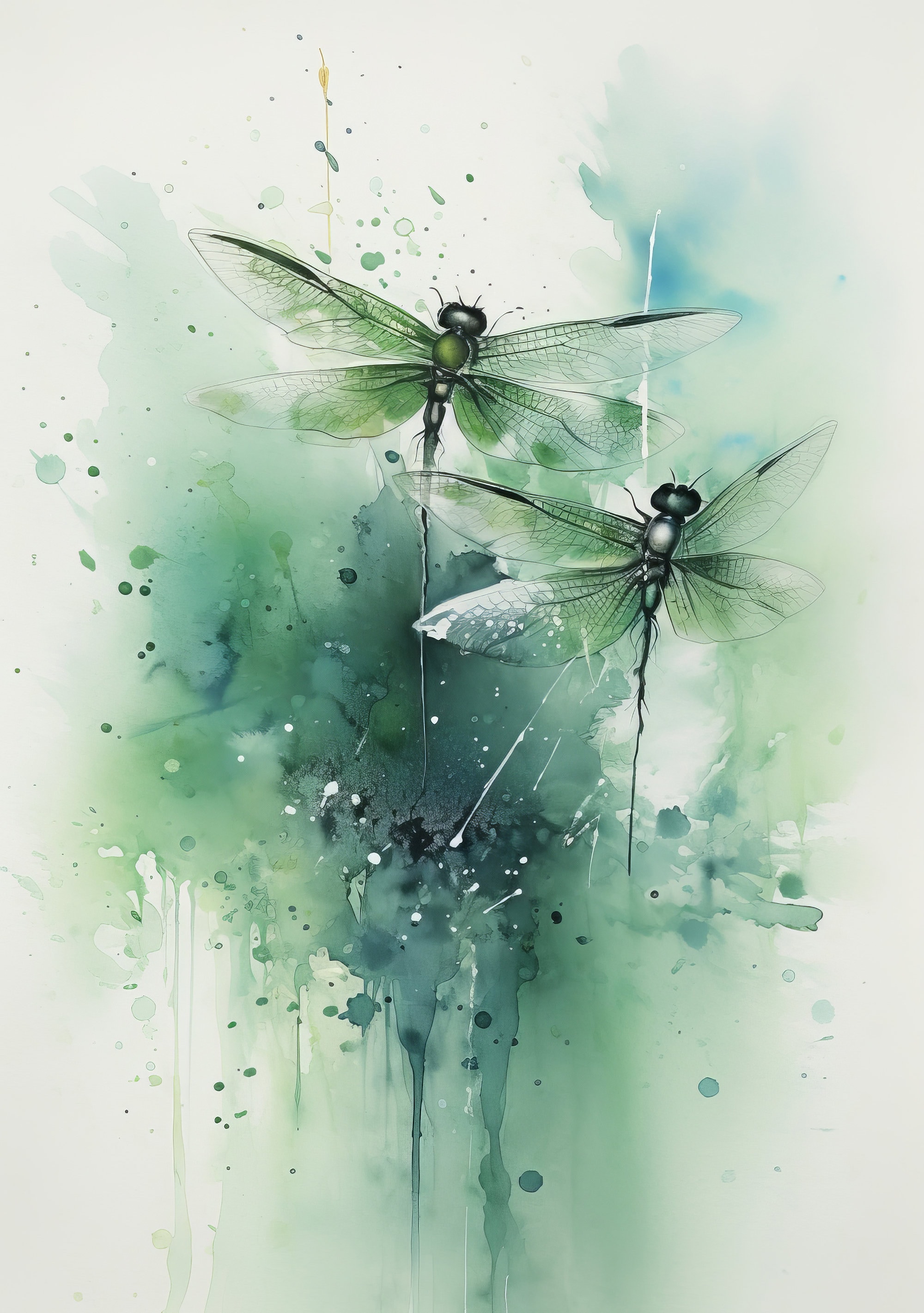Dragonfly Watercolor Art Print Green Hue Nature Wall Art Abstract ...