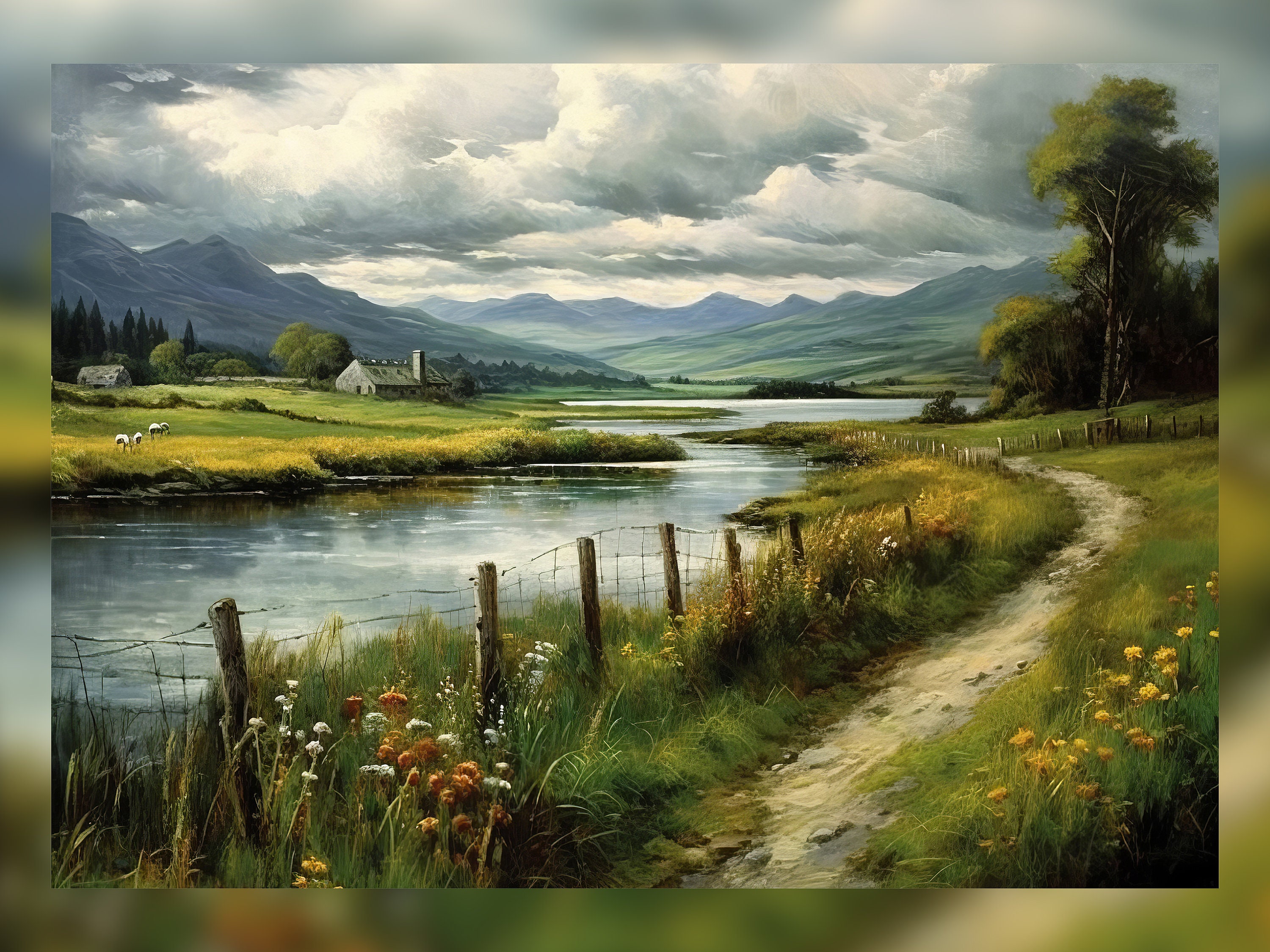 Countryside Landscape, Oil Painting Print, Riverside Scene With Sheep ...