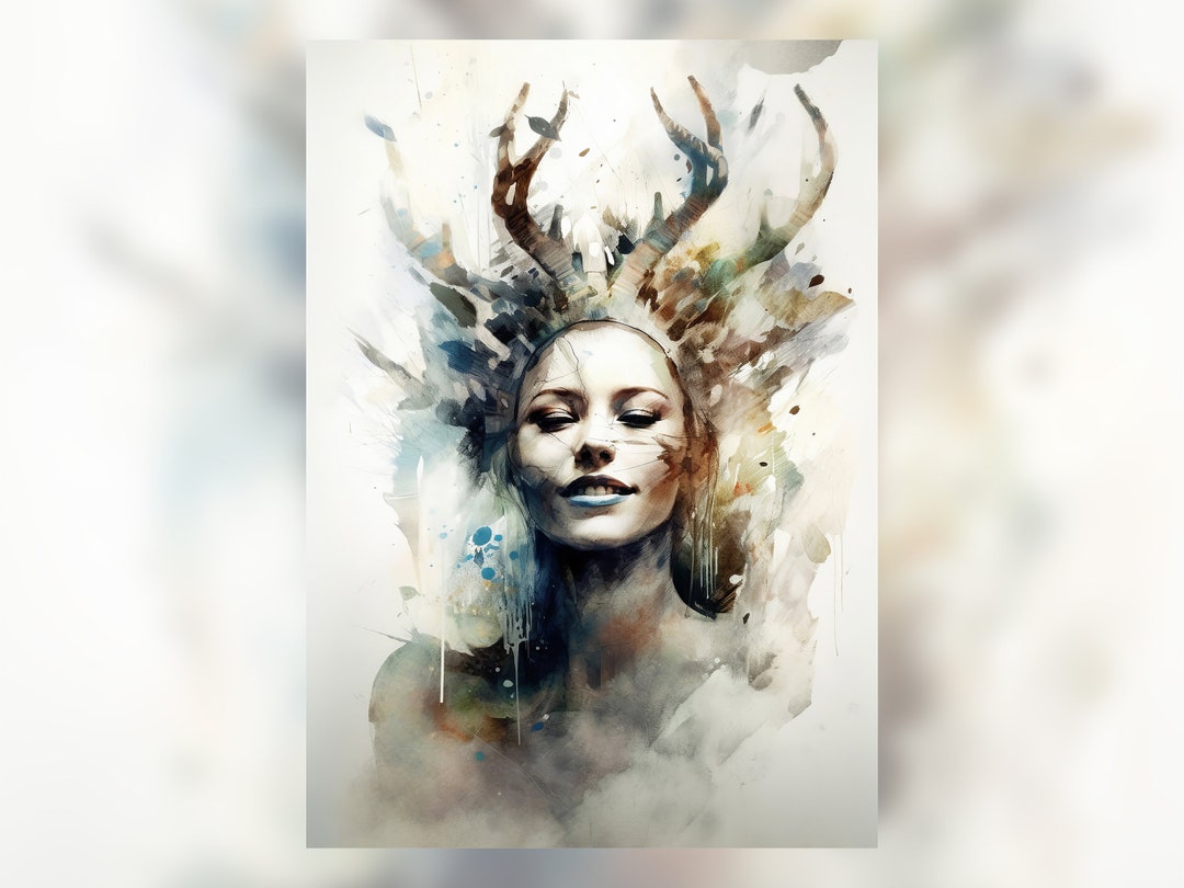 Antler Crown Worn by A Woman Watercolor, Surreal Painting, 230gsm Matte ...