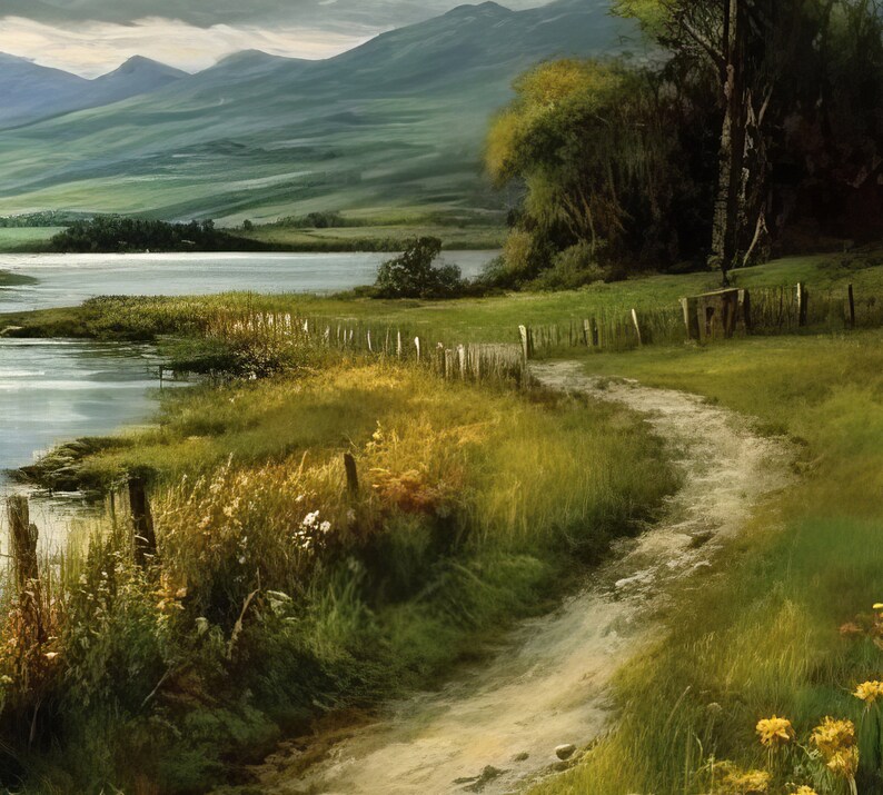 Countryside Landscape, Oil Painting Print, Riverside Scene With Sheep ...