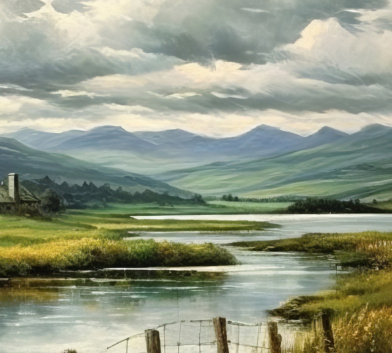 Countryside Landscape, Oil Painting Print, Riverside Scene With Sheep ...