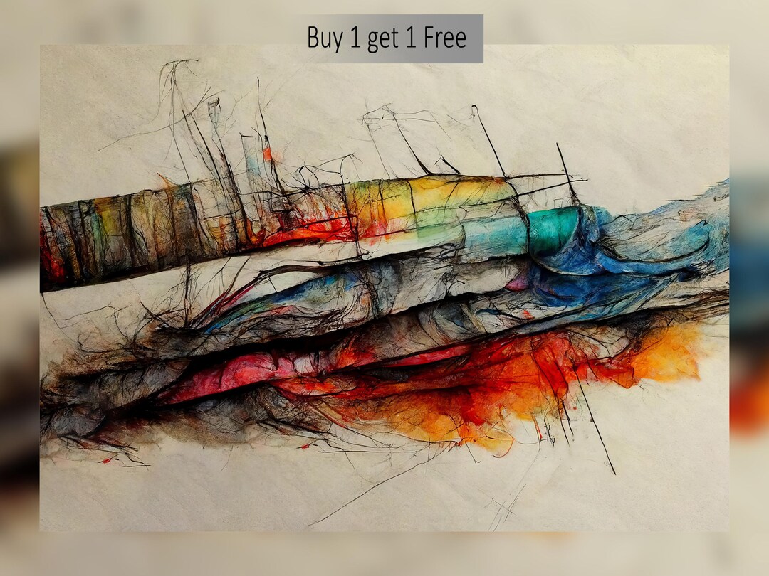 Abstract Ink Drawing Print, Lines and Color Blocks, Red Yellow Blue ...