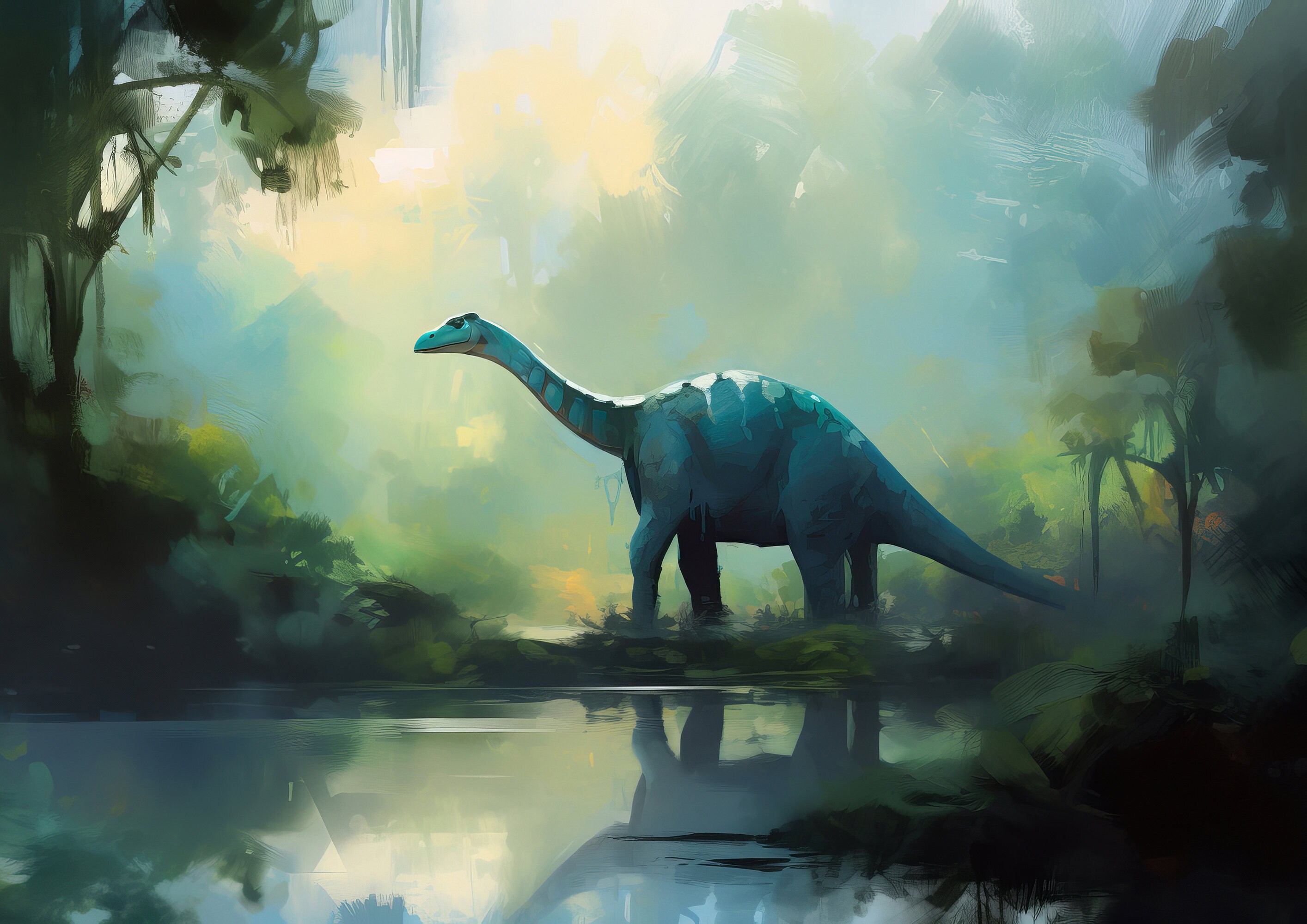 Brachiosaurus Watercolour Print of a Dinosaur Swamp Scene, Prehistoric ...