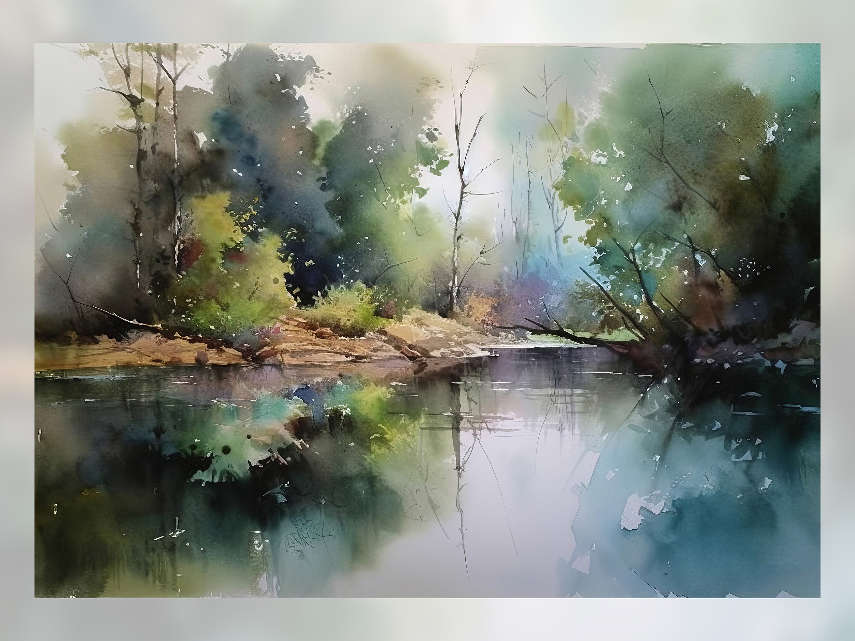 Watercolor Painting Print Landscape of Trees Overlooking a Stream ...