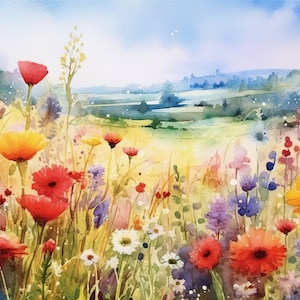 Poppies and Wild Flowers Watercolor Painting Print, Meadow Flowers Art ...