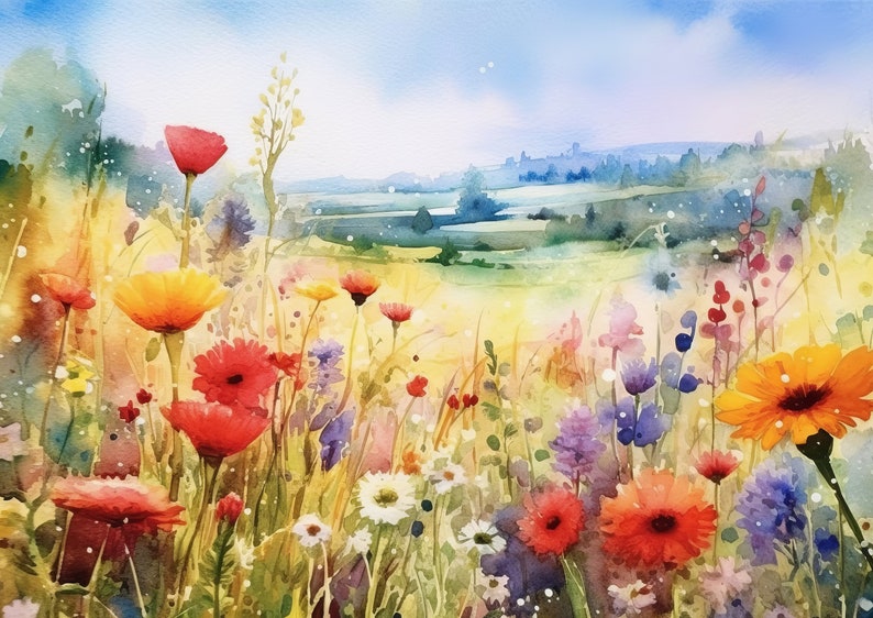 Poppies and Wild Flowers Watercolor Painting Print, Meadow Flowers Art ...