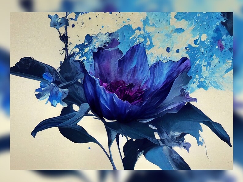 Oil Painting Print Blue Flower on White and Blue Abstract Background ...