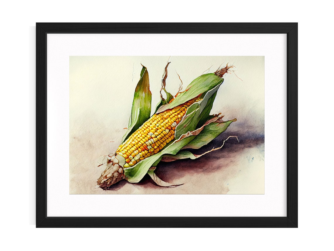 Watercolor Painting Print of Corn on the Cob With Leaves Opened Kernels ...