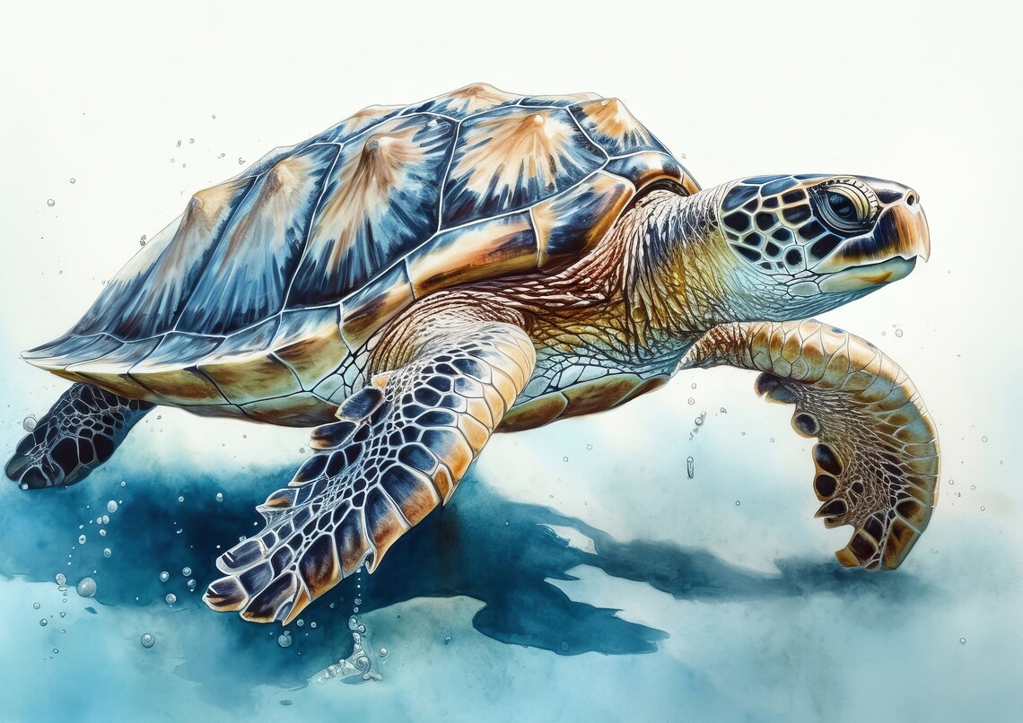 Turtle Swimming Underwater Oil Painting Print Ocean Themed - Etsy