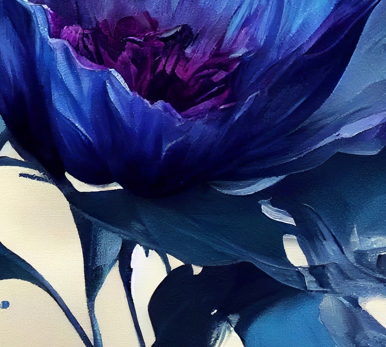 Oil Painting Print Blue Flower on White and Blue Abstract Background ...