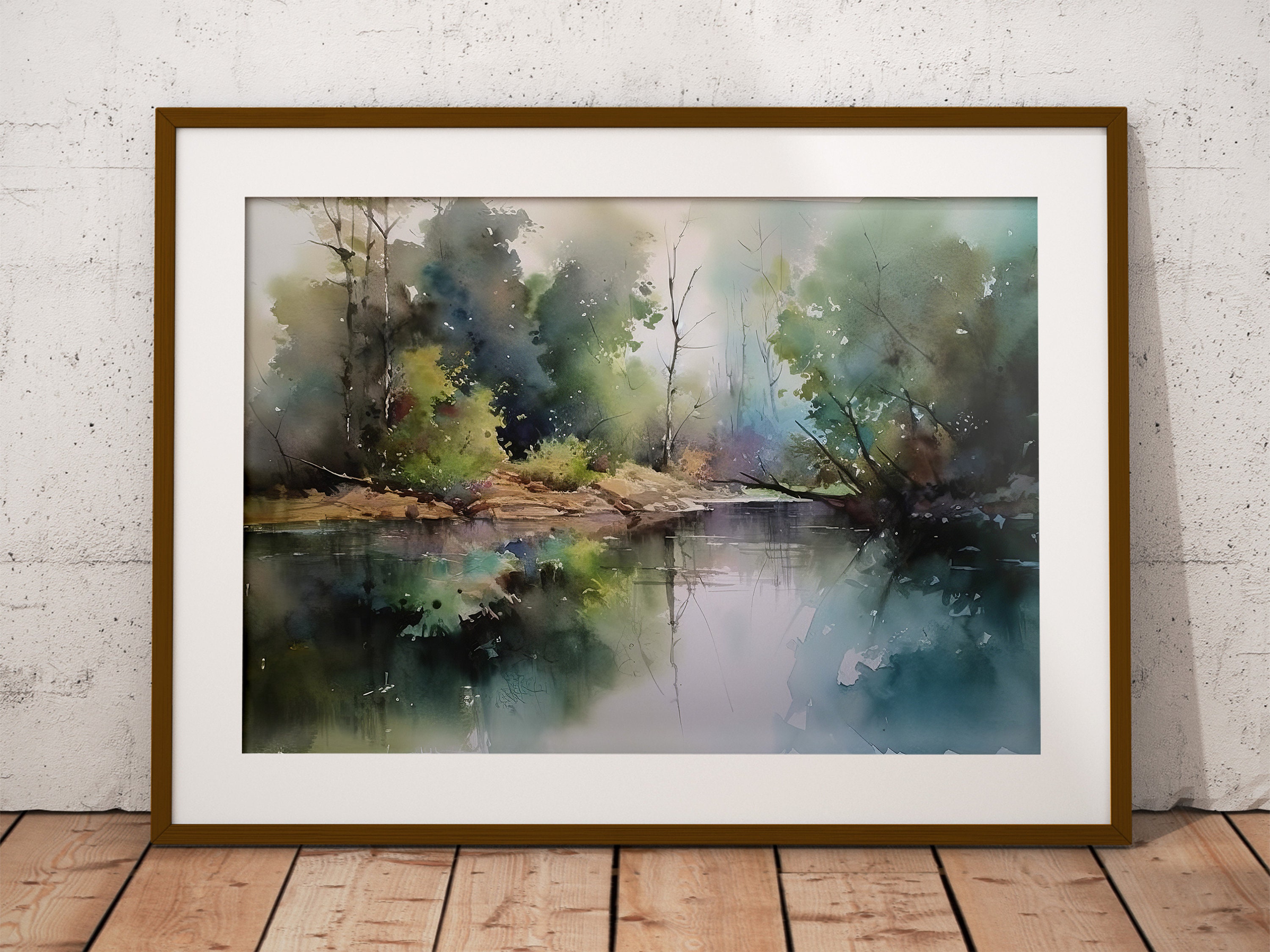 Watercolor Painting Print Landscape of Trees Overlooking a Stream ...