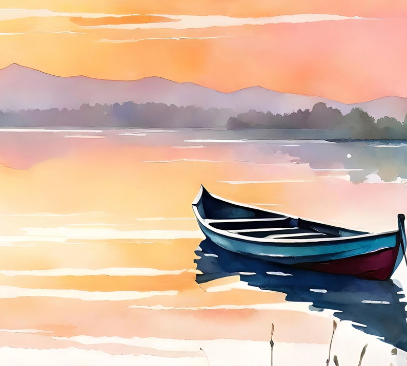 Row Boat on Lake During Sunrise, Watercolor Painting Print, Serene ...