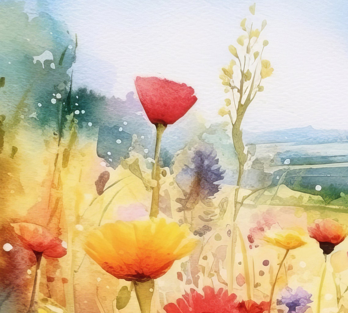 Poppies and Wild Flowers Watercolor Painting Print, Meadow Flowers Art ...