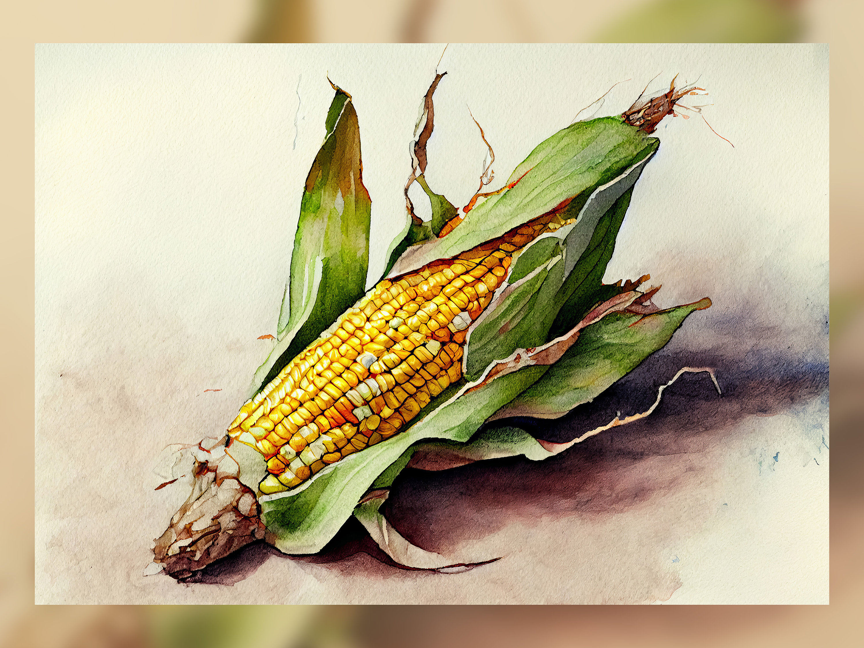 Watercolor Painting Print of Corn on the Cob With Leaves Opened Kernels ...