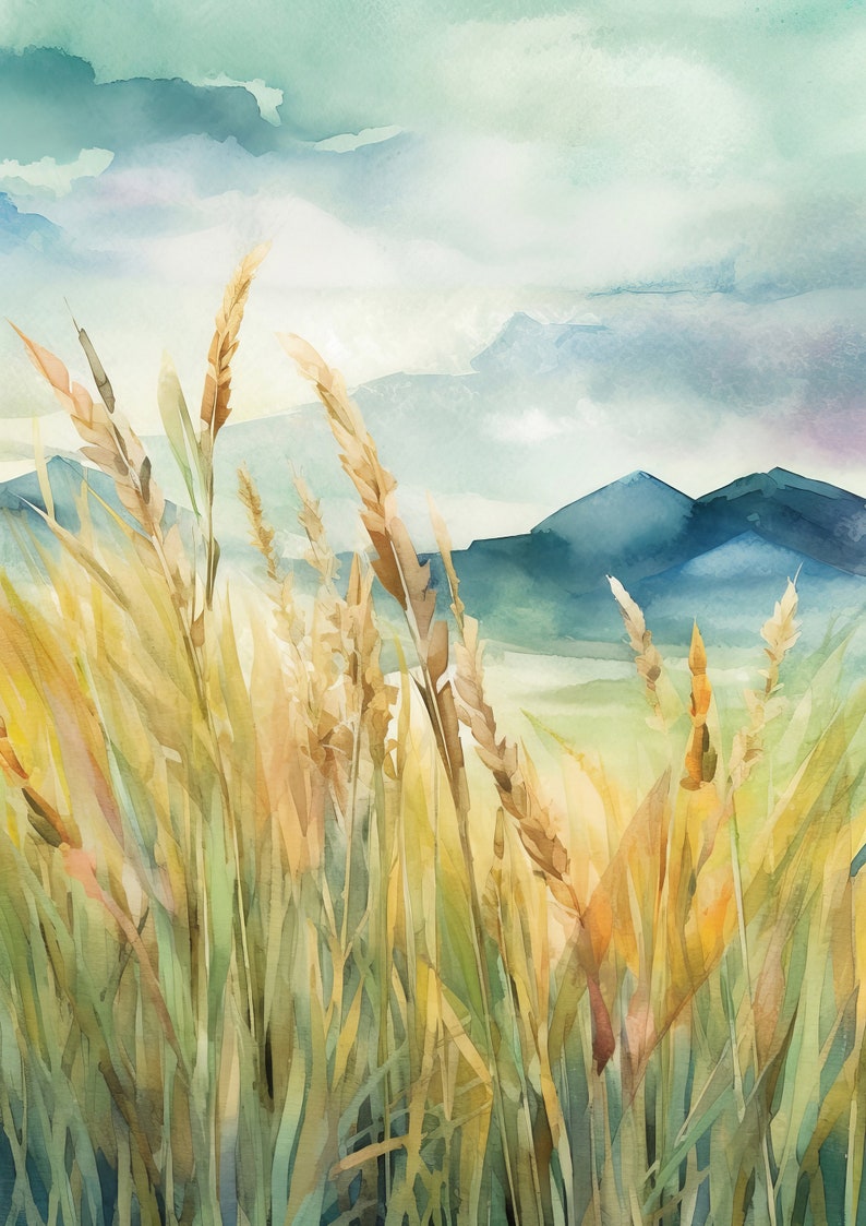 Wheat and Grass Field, Watercolor Print, Rural Landscape Art, Available ...