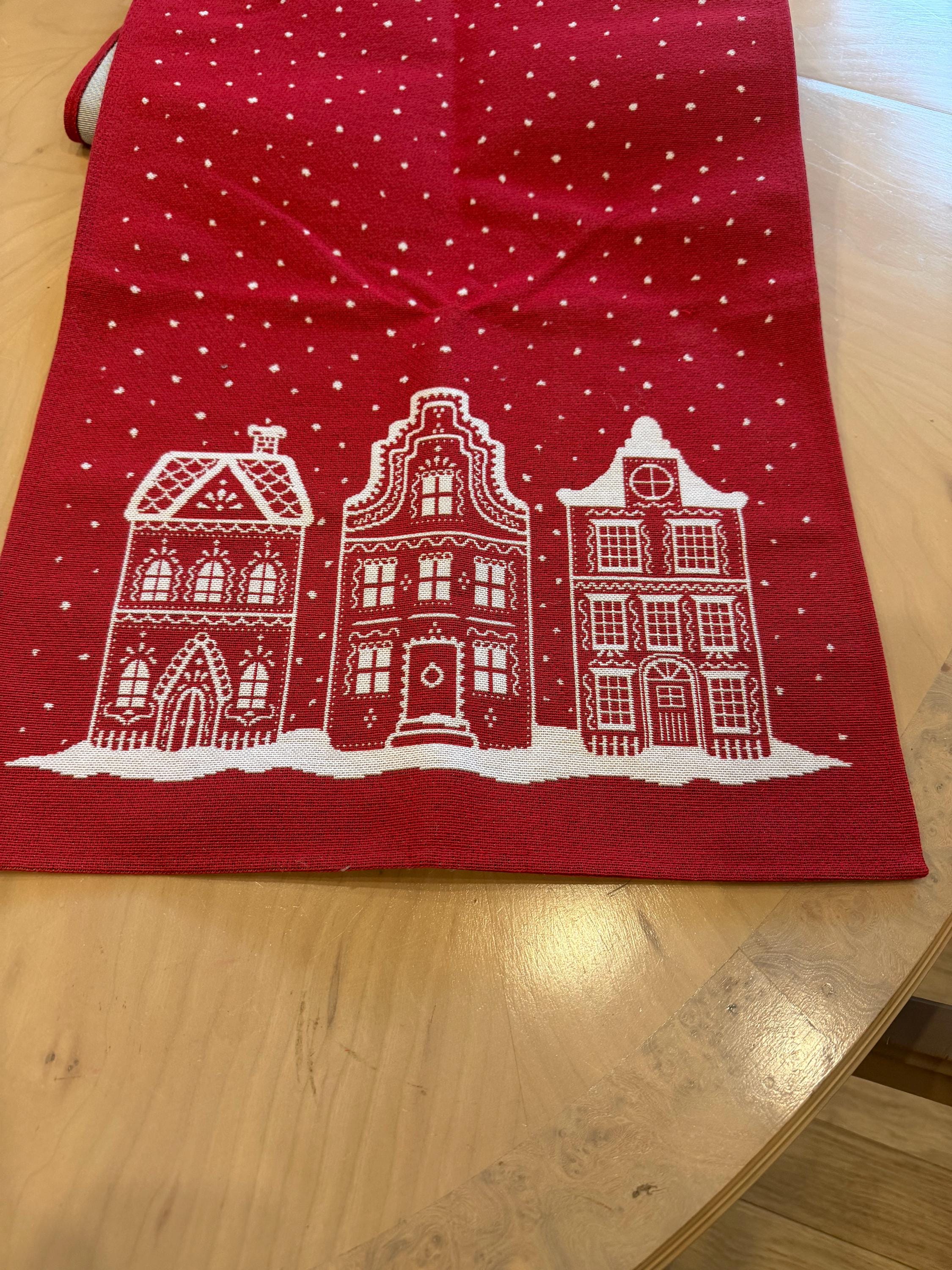 Red CHRISTMAS TABLE RUNNER With Houses and Snowflakes Pattern 90”x15 ...