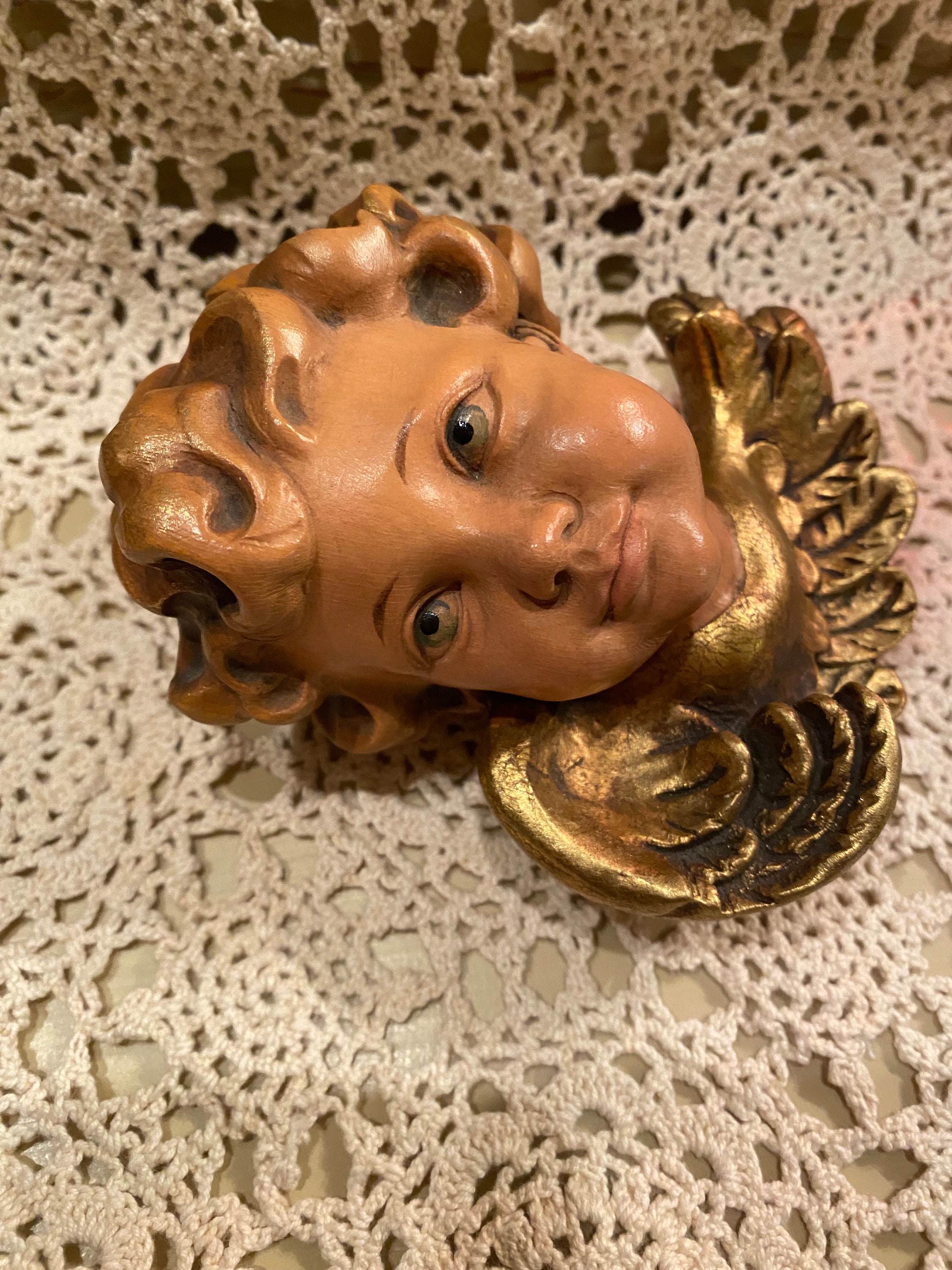 CHERUB ANRI HAND Carved Wood/guild Head With Gold Wings/ Large 1950s ...