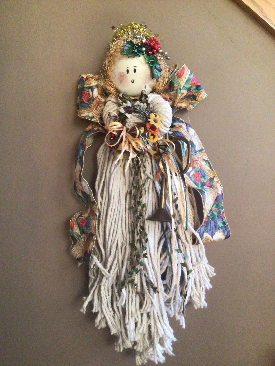 Vintage MOP ANGEL DECORATED With Ribbons, Bells, Brass Horn and Holly ...