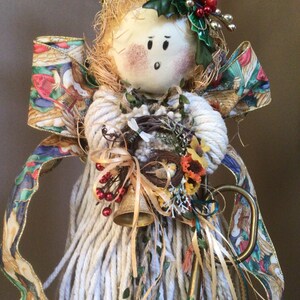 Vintage MOP ANGEL DECORATED With Ribbons, Bells, Brass Horn and Holly ...