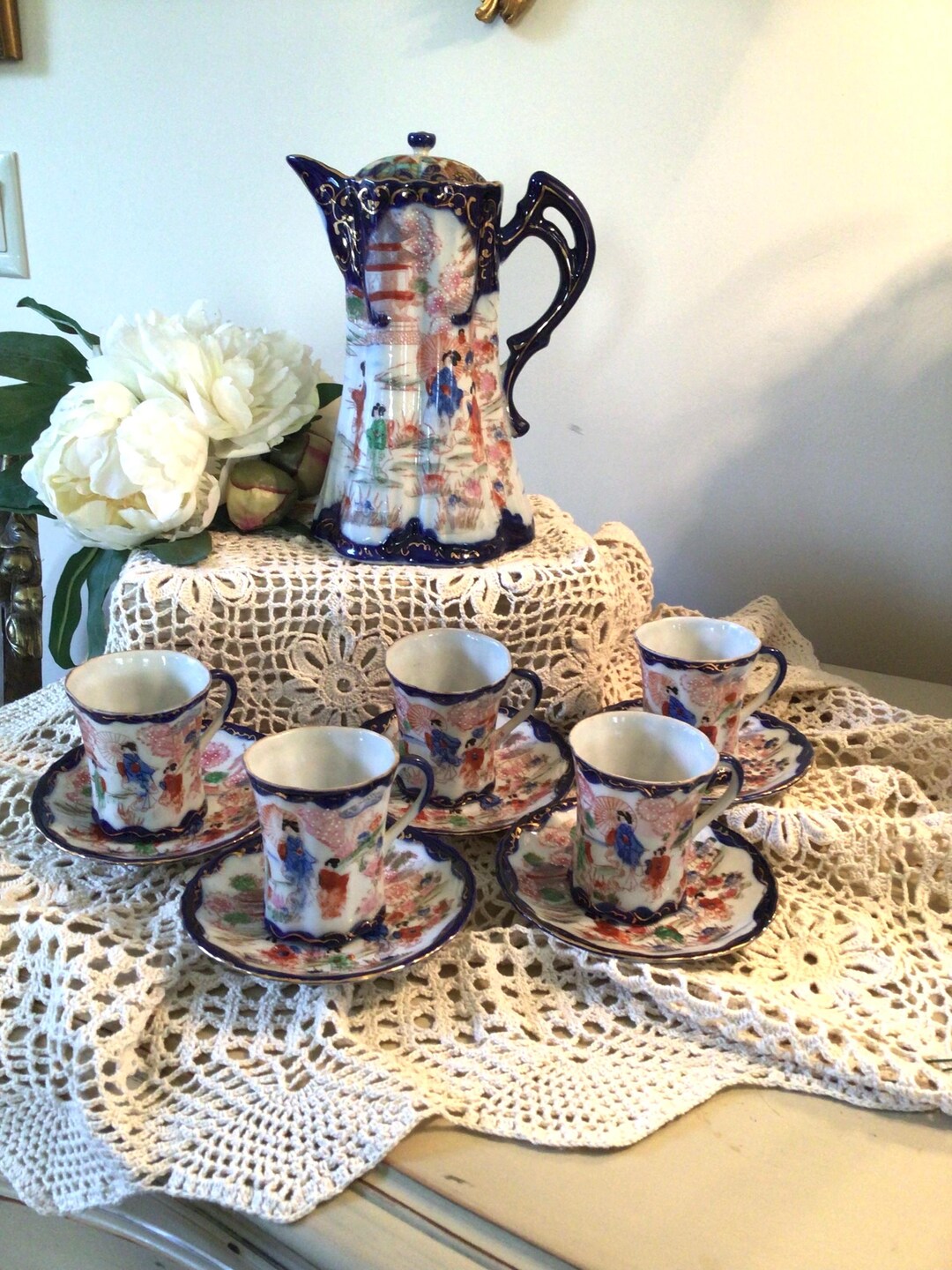 Vintage Kutani Geisha Tea Set: Cobalt Blue Japanese Tea Pot, Cups ...