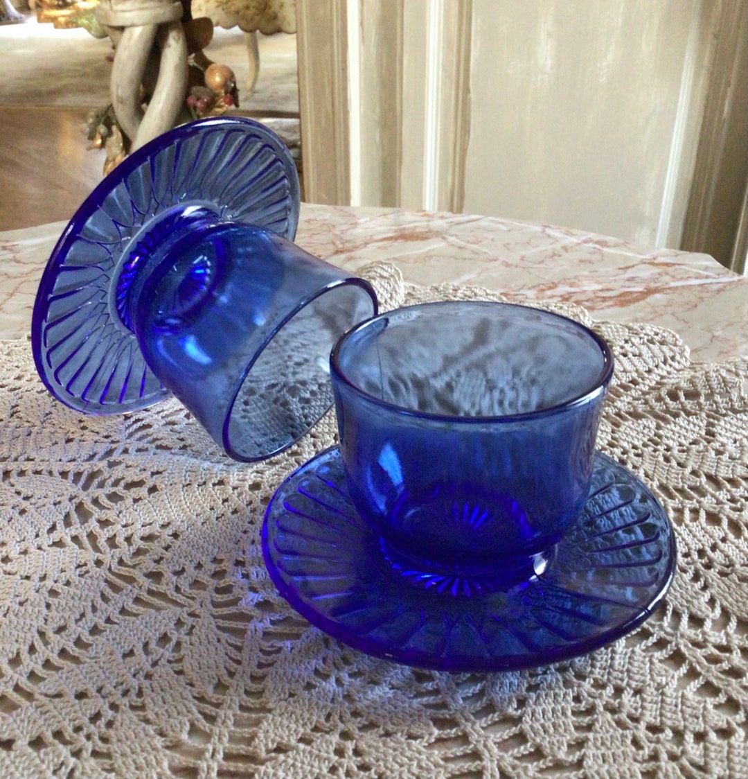 2 COBALT BLUE DEPRESSION Glass Condiment Bowls/jam Bowls With Attached ...