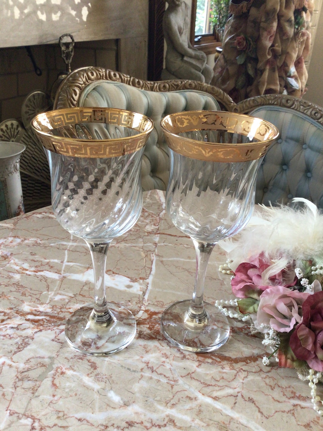 2 ELEGANT WINE GOBLETS in 24k Gold Bands From Italy/one With Venitian ...