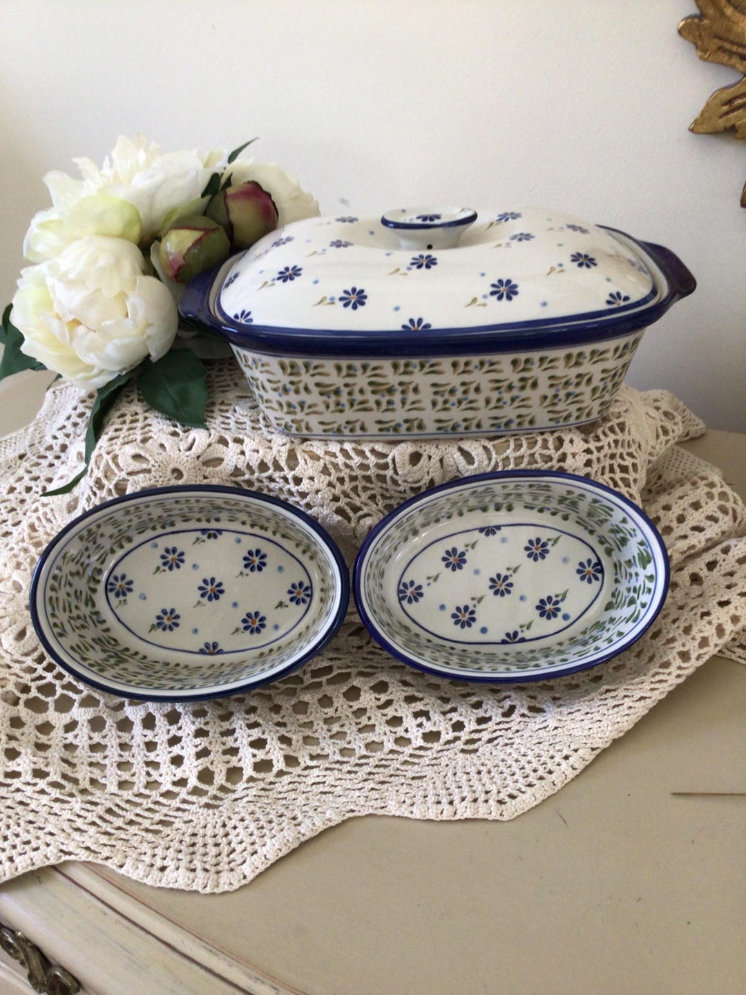 Vintage Nantucket Stoneware Casserole Set: Hand-painted Floral Design ...