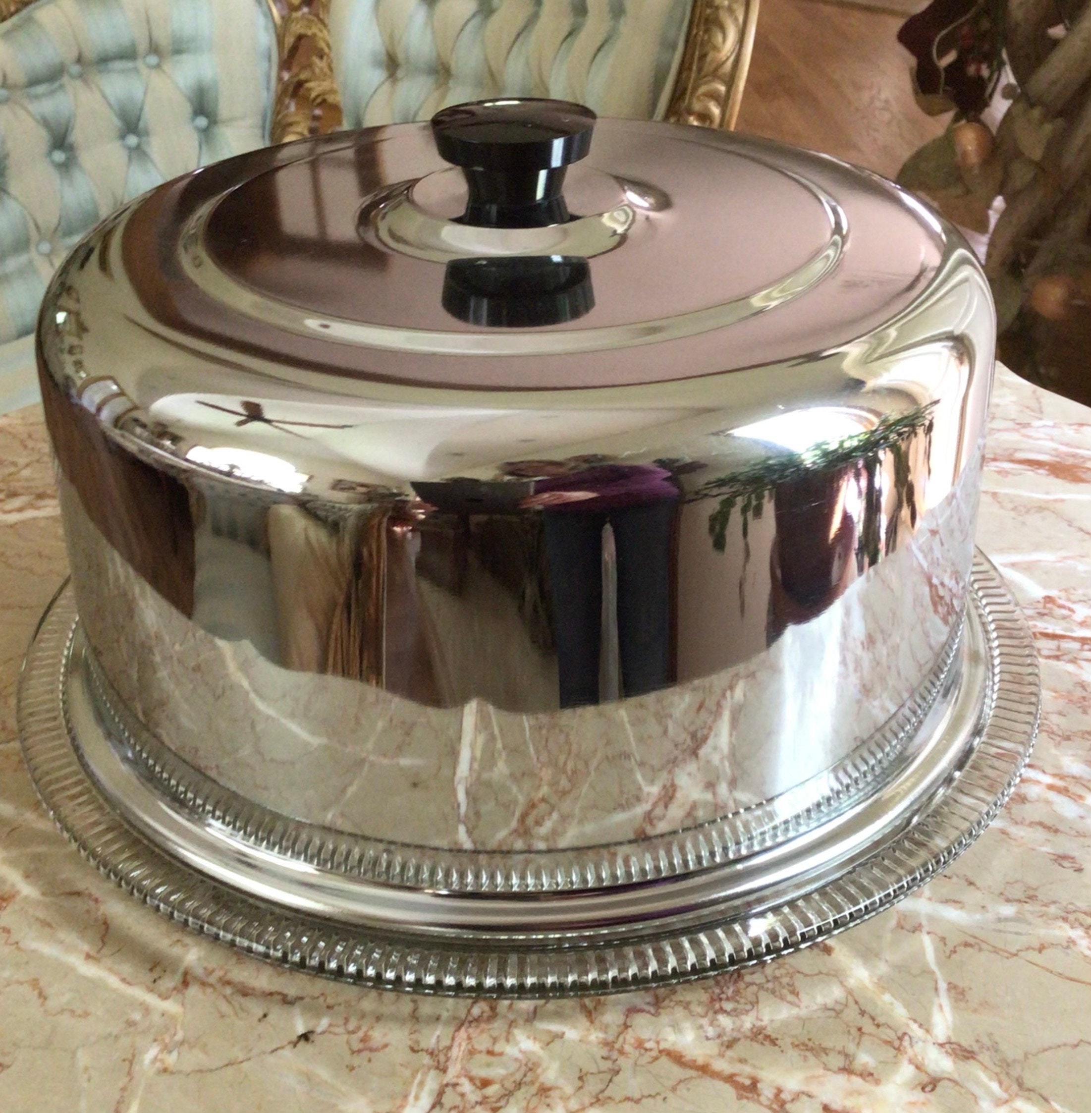 VINTAGE ROUND CAKE Plate With Chrome Dome Cover/ Mid Century/ Glass ...