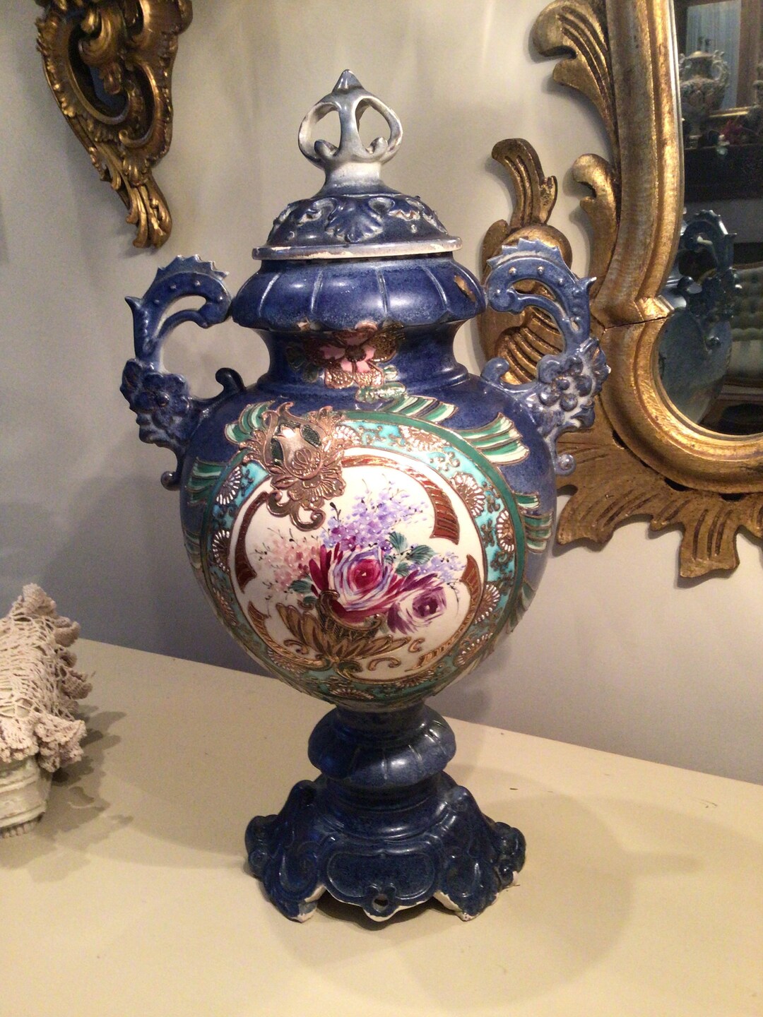 RARE ANTIQUE ORNATE Hand Painted Anphora Style Massive Blue Vase From ...