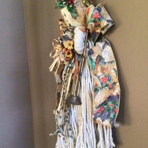 Vintage MOP ANGEL DECORATED With Ribbons, Bells, Brass Horn and Holly ...