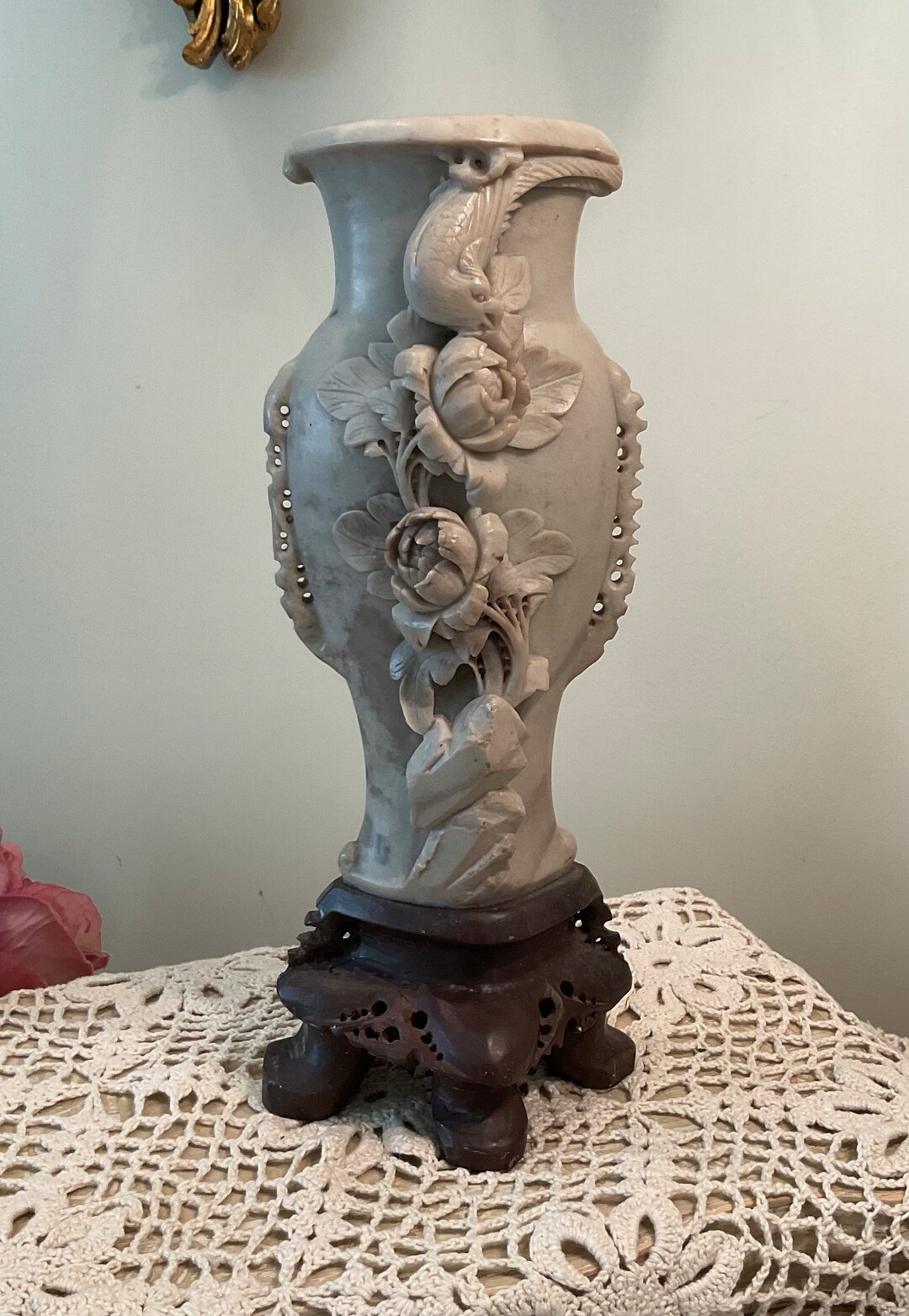 Vintage SOAPSTONE BUD VASE With Attached Footed Base/ Hand Carved/ Art ...