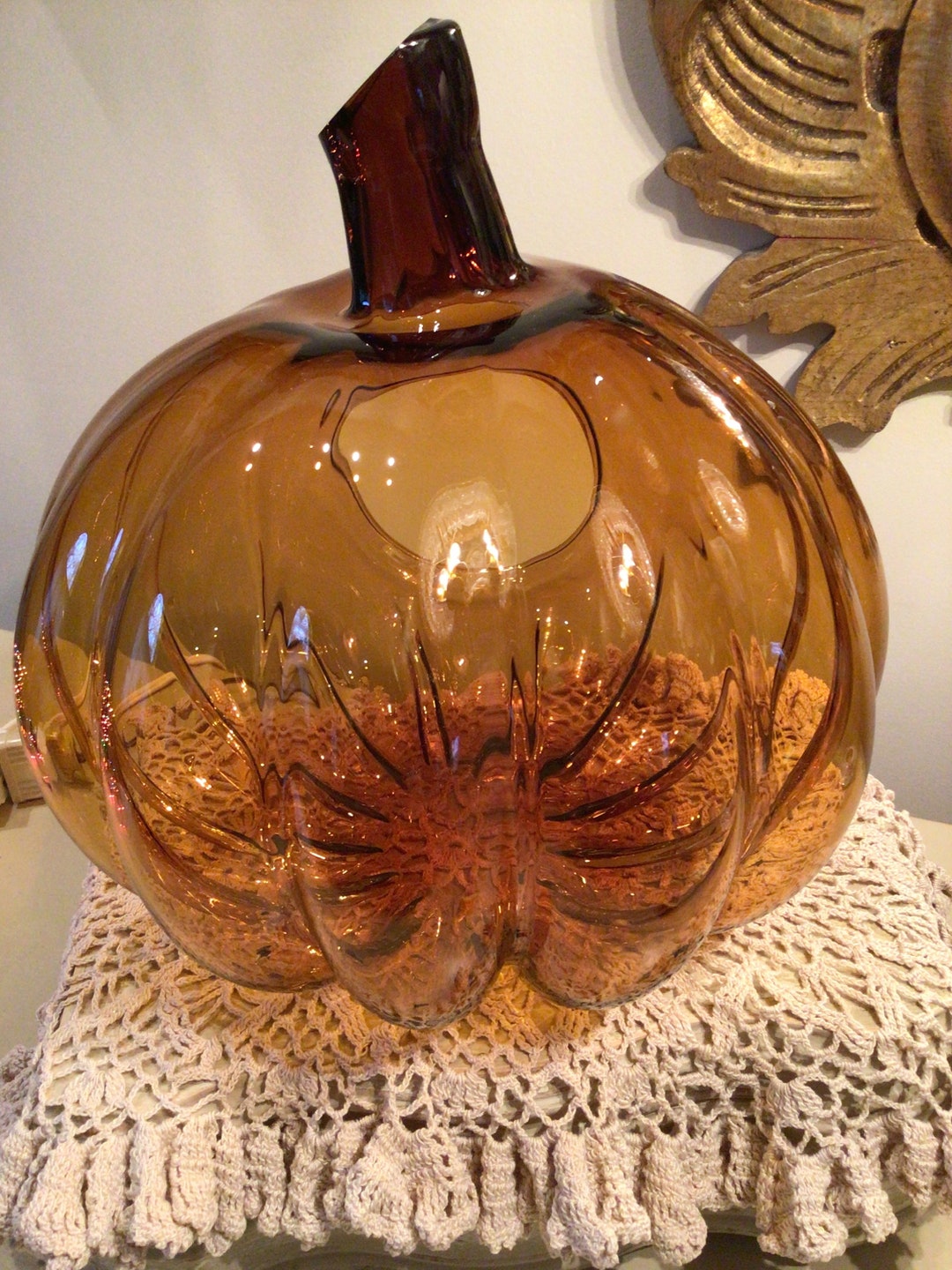VINTAGE AMBER BLOWN Glass Pumpkin Candle Lantern Luminary /smith&hawken ...