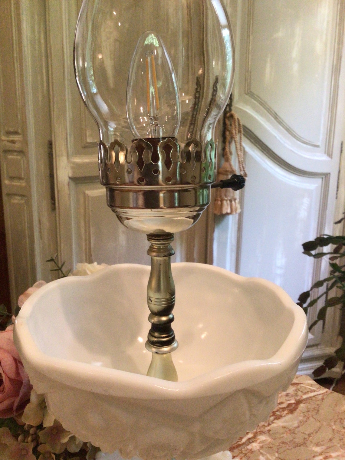 Vintage Mckee Toltec PRESCUT PATTERN Milk Glass Hurricane Lamp With ...