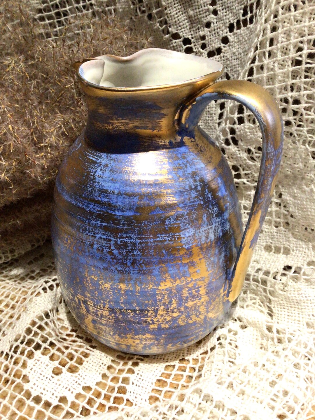 Vintage STANGL POTTERY PITCHER Periwinkle Blue and Gold Creamer-small ...