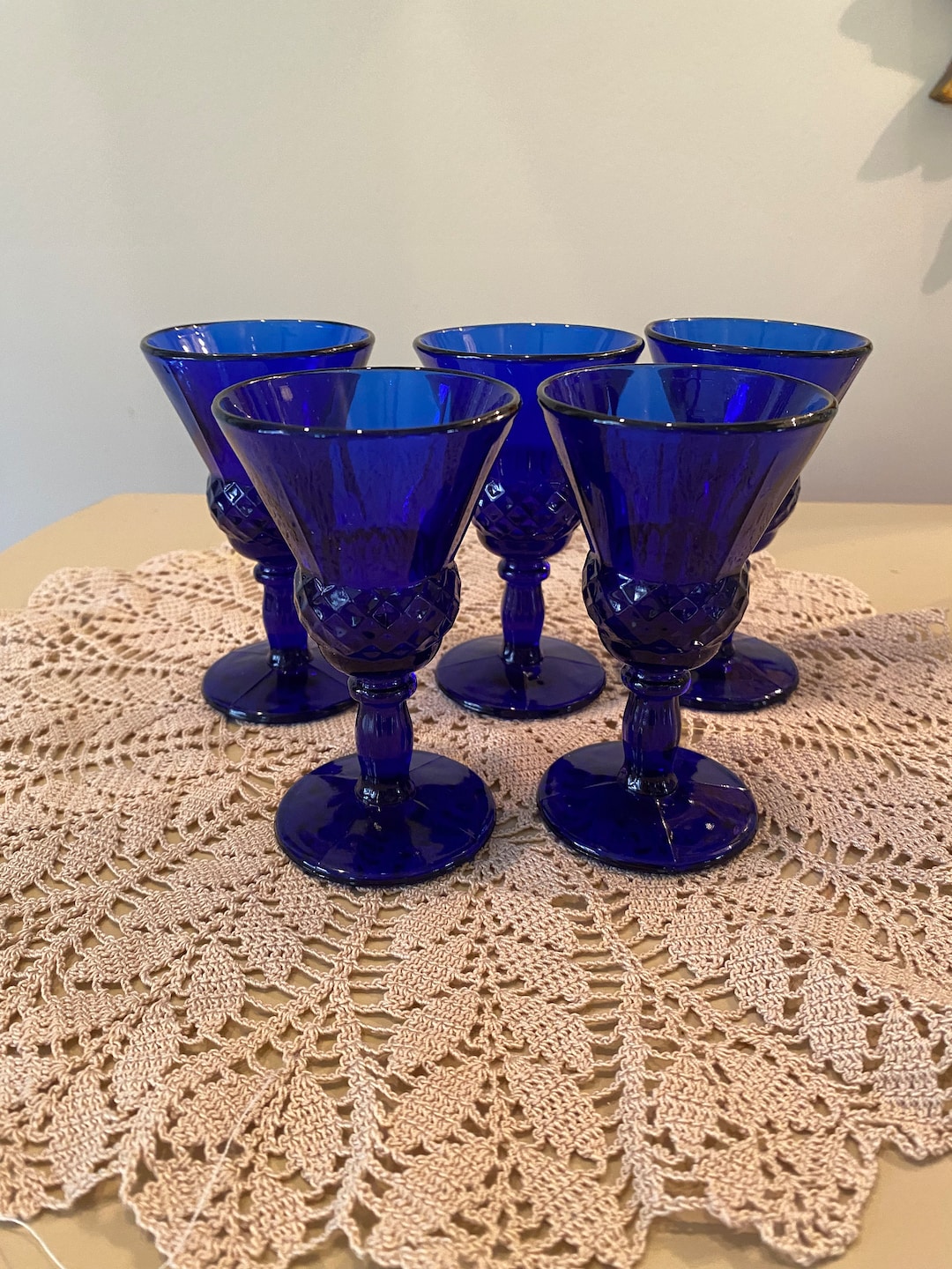 5 COBALT BLUE GOBLETS /vintage/ Pressed Glass/diamond Shaped Pattern/41 ...