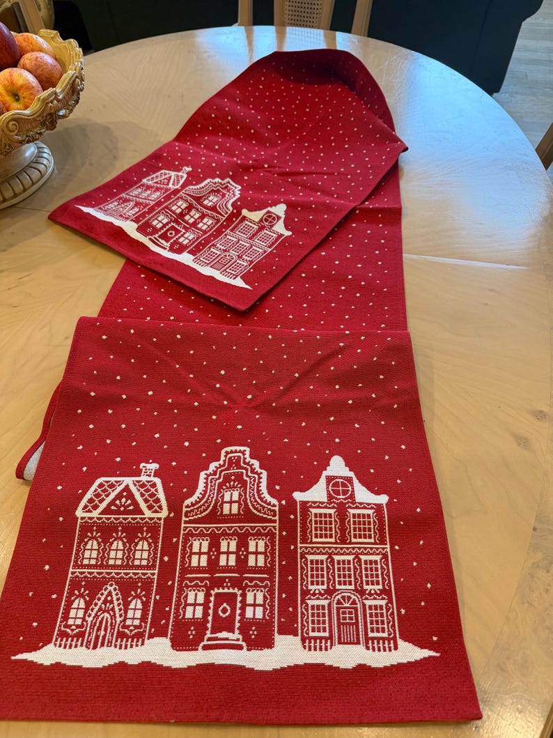 Red CHRISTMAS TABLE RUNNER With Houses and Snowflakes Pattern 90”x15 ...