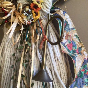 Vintage MOP ANGEL DECORATED With Ribbons, Bells, Brass Horn and Holly ...