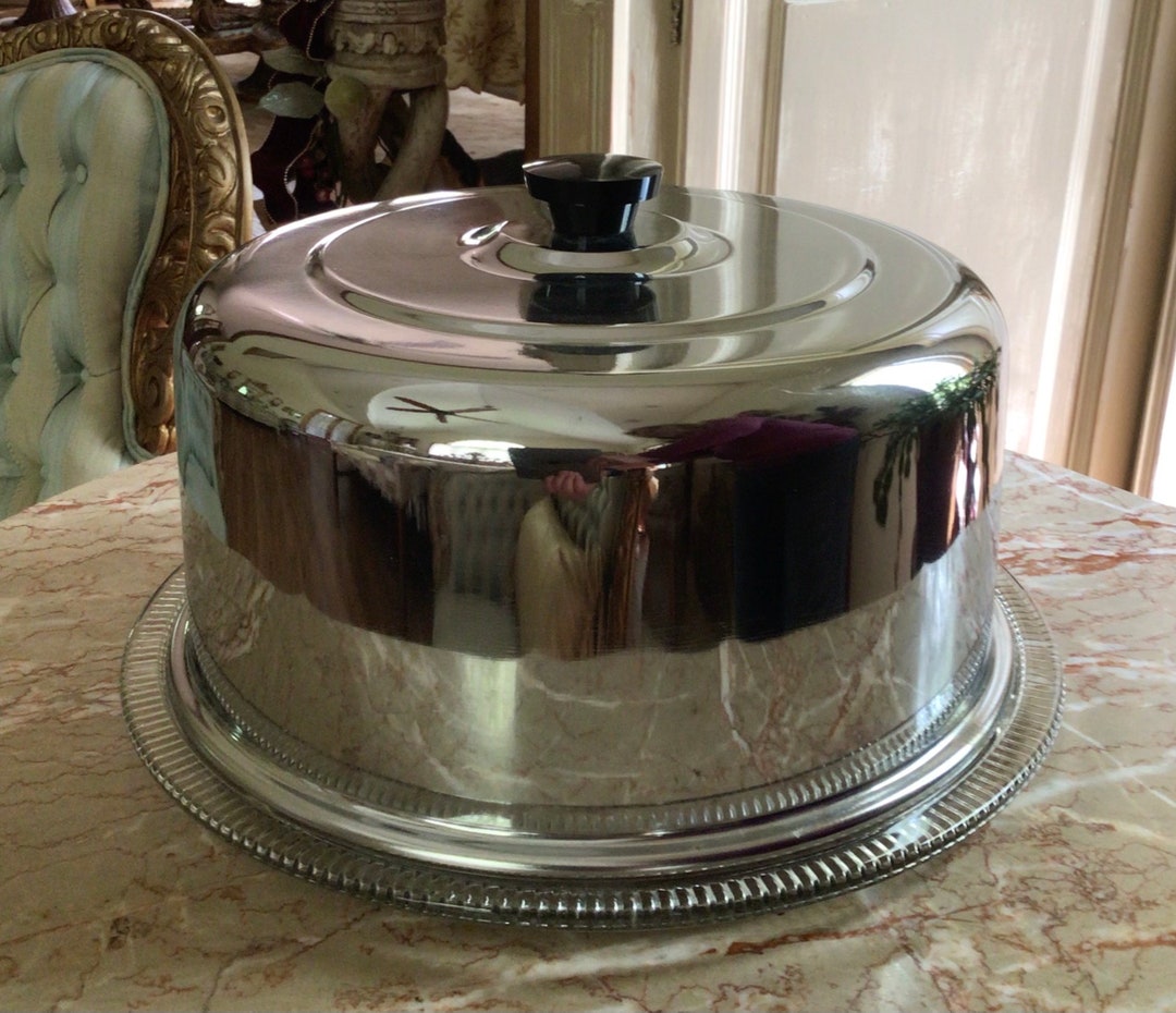 VINTAGE ROUND CAKE Plate With Chrome Dome Cover/ Mid Century/ Glass ...