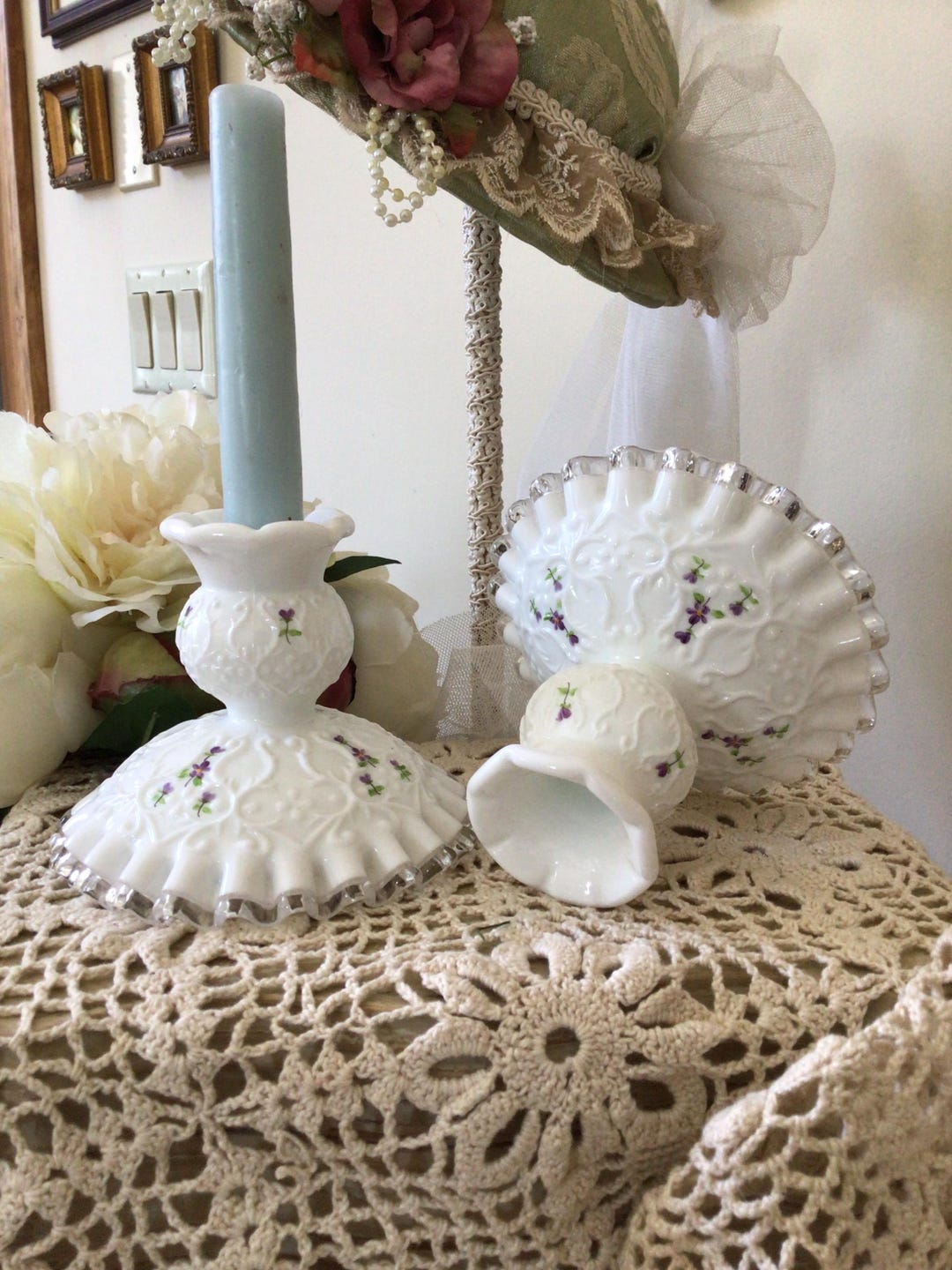 Vintage FENTON CANDLESTICKS RUFFLED, Violets in the Snow, Handpainted by 2. Mullins 1950’s - Etsy
