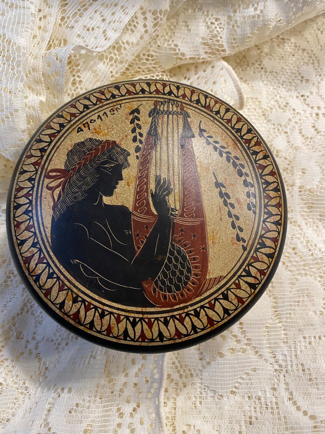 ROUND GREEK BOX With Lid Hand Painted Apollo God by Greek Artigian ...