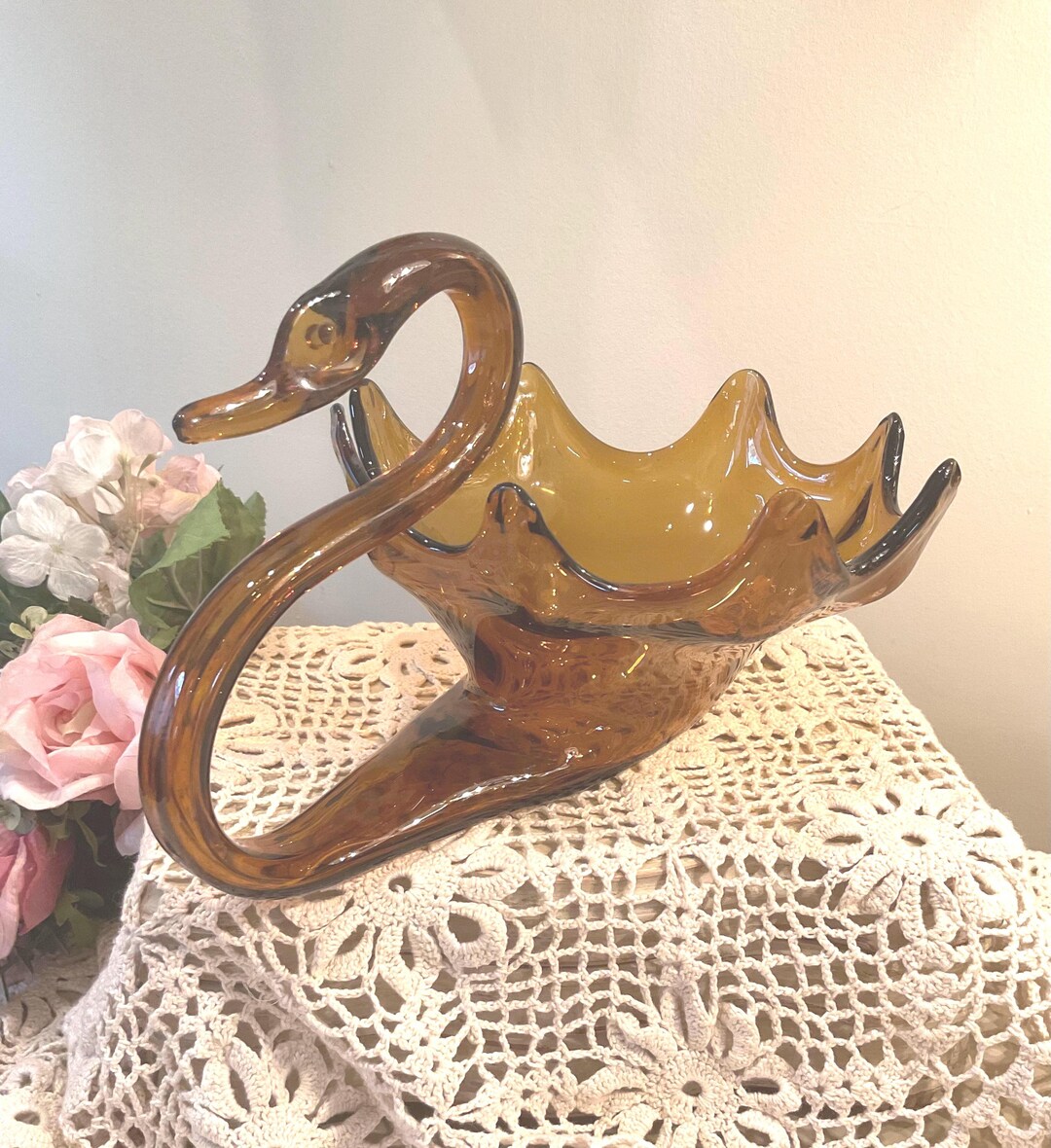 AMBER GLASS SWAN Hand Blown Centerpiece- Planter-bowl - Etsy
