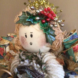 Vintage MOP ANGEL DECORATED With Ribbons, Bells, Brass Horn and Holly ...