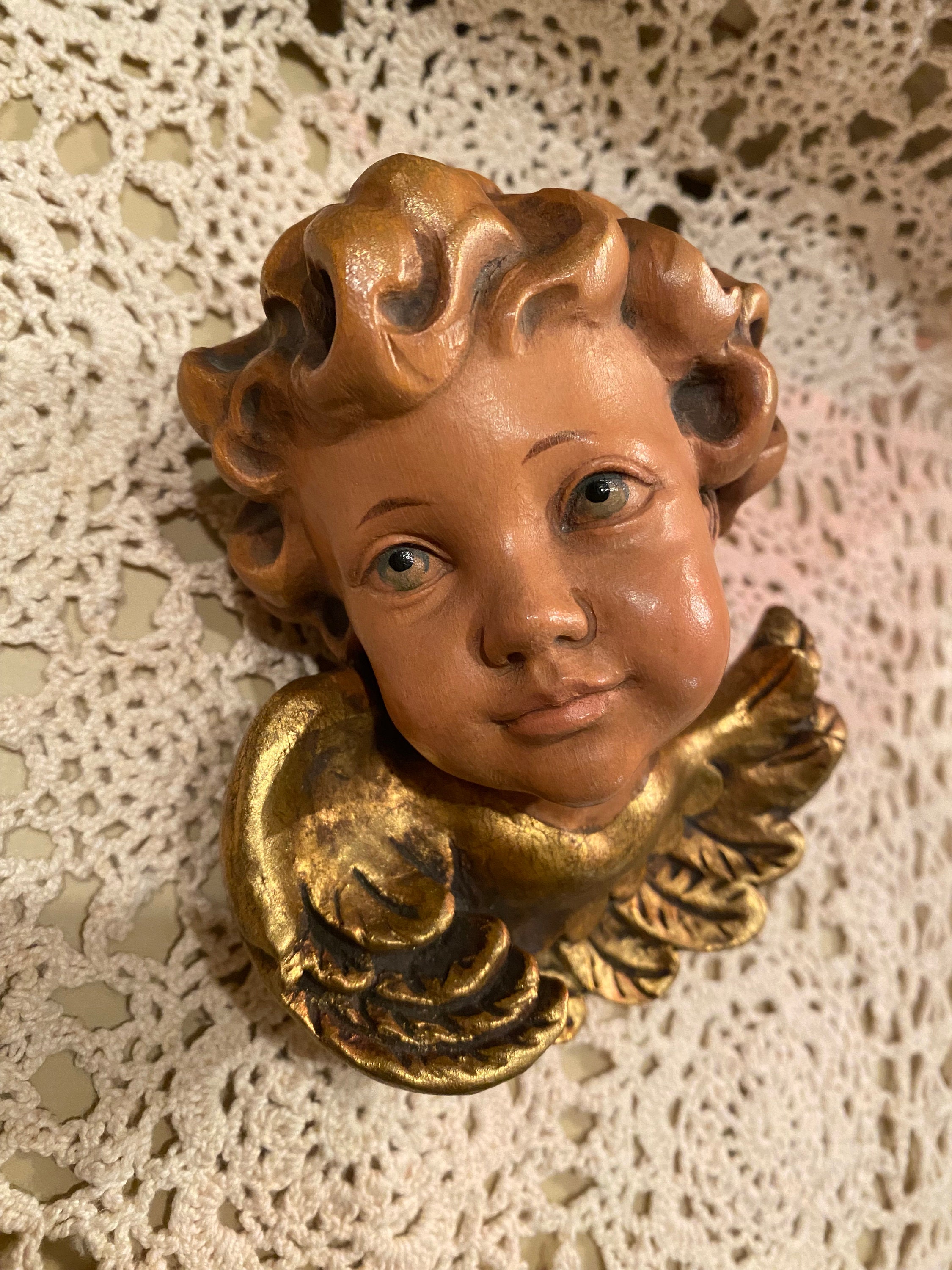 CHERUB ANRI HAND Carved Wood/guild Head With Gold Wings/ Large 1950s ...