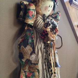 Vintage MOP ANGEL DECORATED With Ribbons, Bells, Brass Horn and Holly ...
