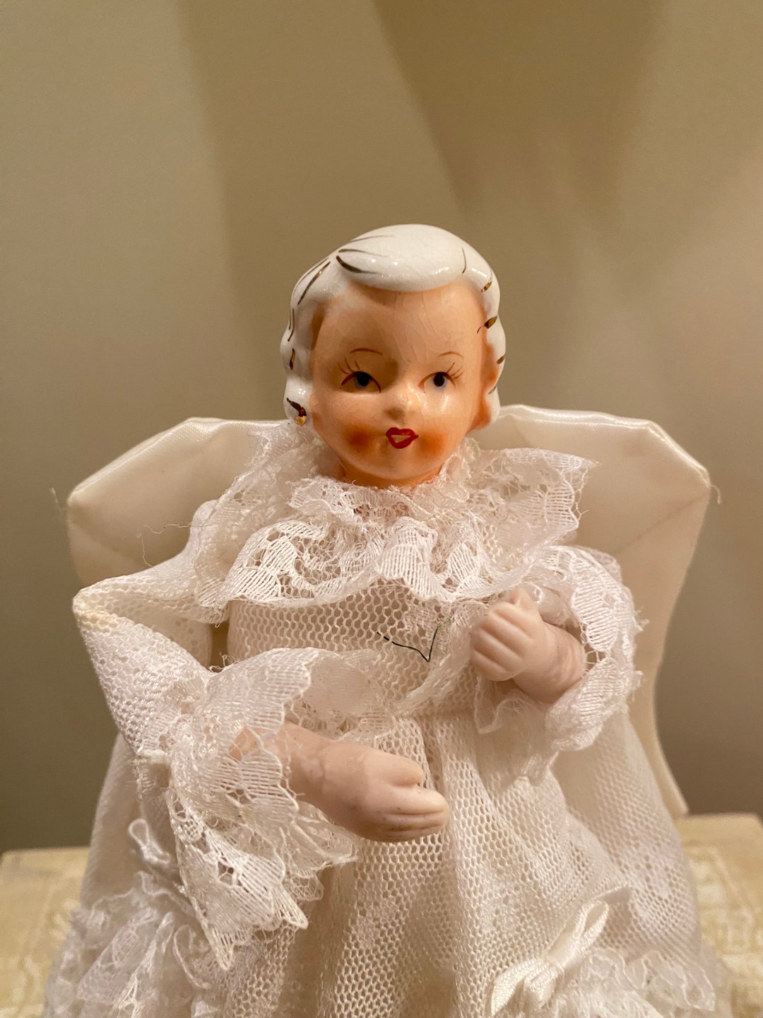 VINTAGE VICTORIAN TREE Topper Angel in Ivory Satin Dress 50’s - Etsy