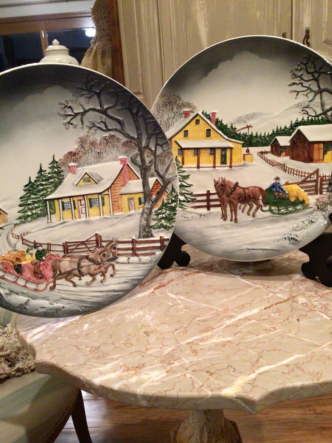 TWO 13” MAJOLICA 3D WINTER Scene Decorative Wall Plates From West ...