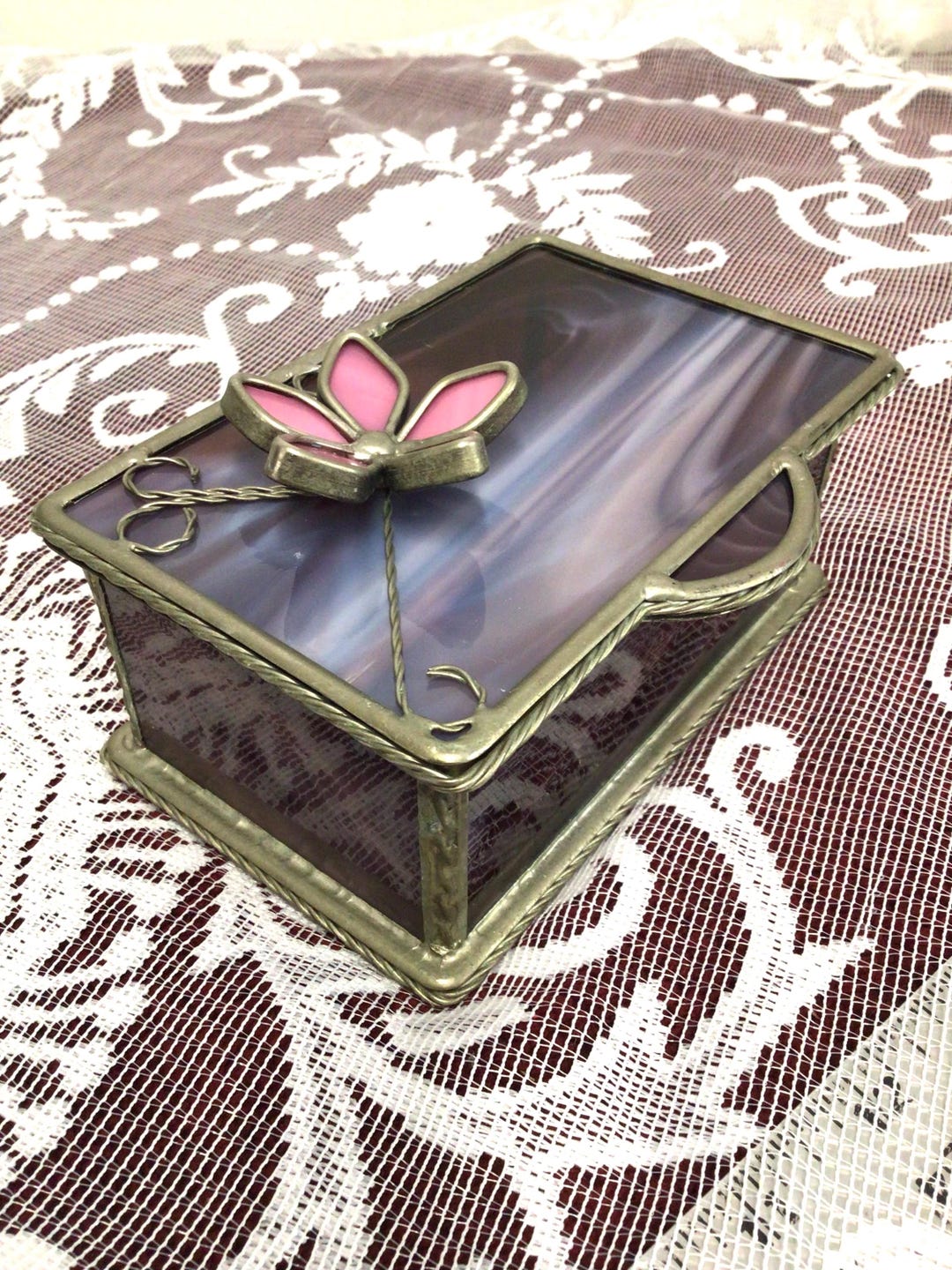 Vintage Purple Slag Glass JEWELRY BOX, TRINKET Box, Pewter Metalwork 5 ...