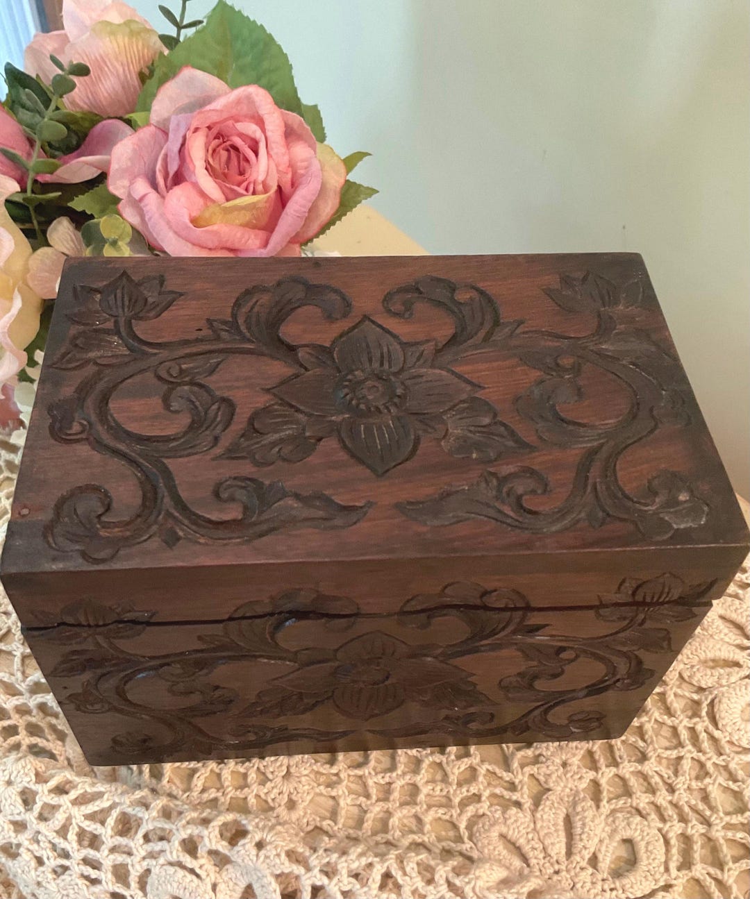 Antique SCULPTED WOODEN Box-flowers and Leaves Motif/ Hand Crafted-hand ...