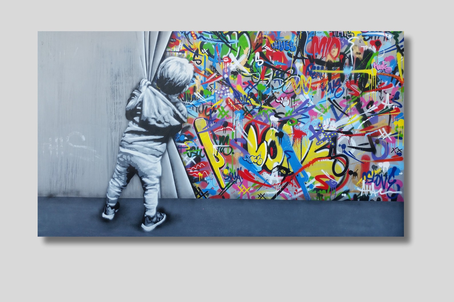 Banksy Child Stage Canvas, Child Pulling Back Curtain Canvas, Banksy ...