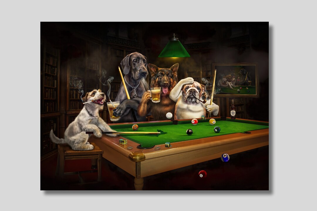 Dogs Playing Billiards Canvas Poster, Funny Pet Portrait, Billiards ...